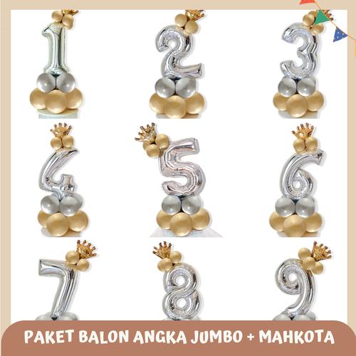 Jual Paket Balon Angka Jumbo Crown Mini/ Balon angka 100 cm Silver Gold ...