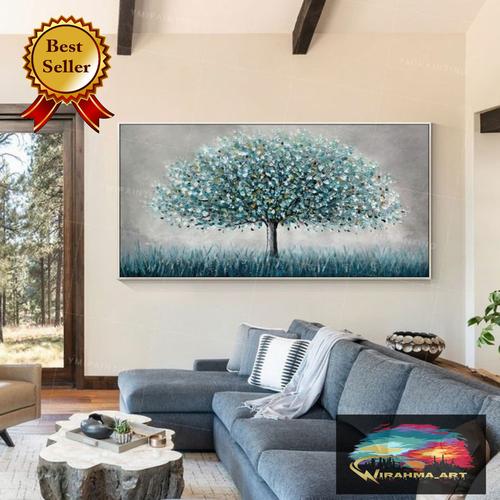 Jual Lukisan kanvas motif pohon modern art texture blue hiasan dinding ...