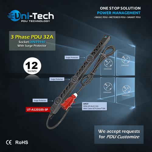 Jual 3Phase PDU 32A with SPD Socket DIN49440, C13, Mix.C13+C19 - 30 Mix - 12 DIN49440 - Kota ...