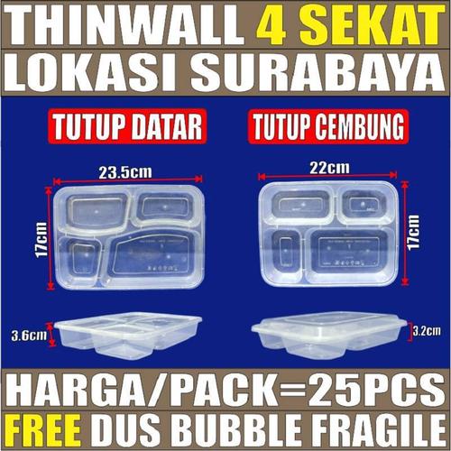 Jual Thinwall 4 Sekat Tutup Datar/4Sekat Cembung Pack Kotak Makan Bento SBY - 4 Sekat Rata ...