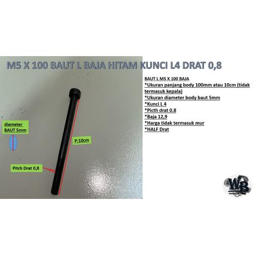 Jual BAUT L BAJA M5 X 100MM PANJANG 10CM HITAM KUNCI L4 DRAT 8 full ...