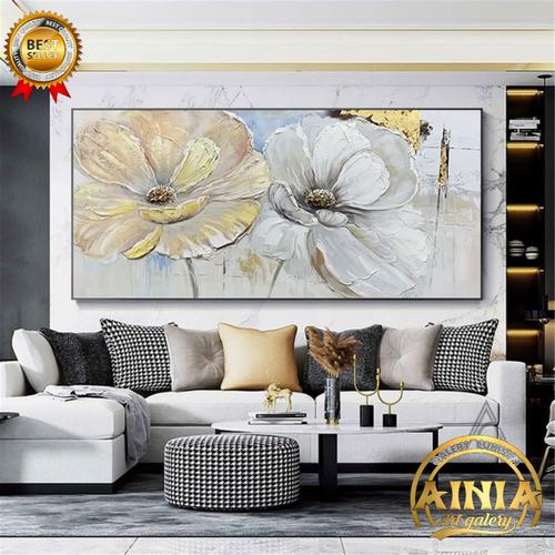 Jual lukisan full tekstur big flower bloom ukuran 60 x 120 cm + bingkai ...