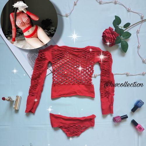 Jual Lingerie Sexy Body Stocking Set Jaring Lengan Panjang - Merah ...