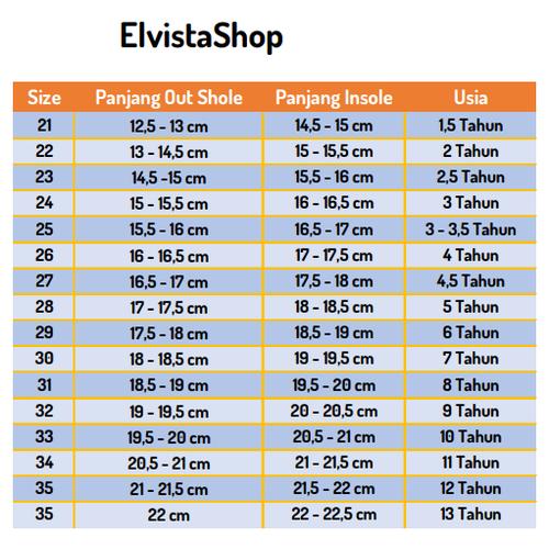 Jual Tabel Ukuran Sepatu Anak Dari 21 35 Elvista Shop Jakarta