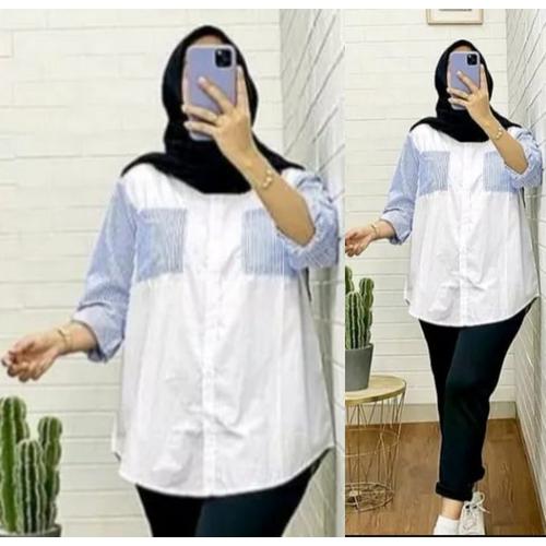 Jual KEMEJA WANITA JUMBO TERBARU MOTIF SALUR KEMEJA KERJA KEMEJA KONDANGAN - Putih, XXL - Kab ...