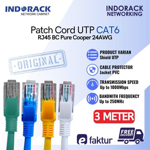 Jual Indorack Patch Cord UTP CAT6 Panjang 3M Kabel LAN BC 24AWG Kabel ...