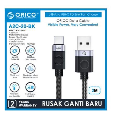 Jual Cable charger data Usb A to Type-c pd orico 2m 2 meter 6A 66w A2c ...