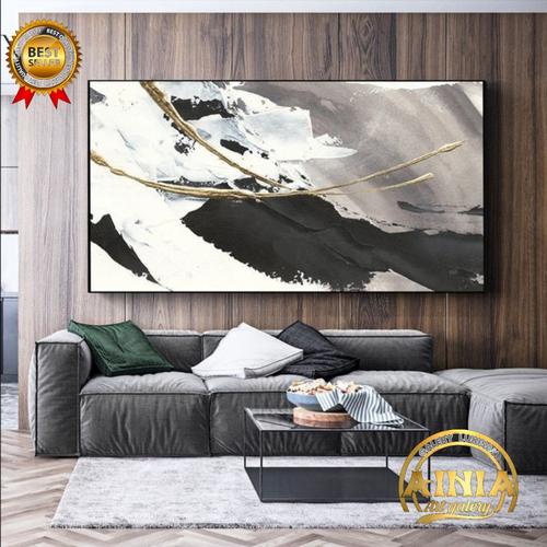 Jual lukisan abstrak Hitam Putih garis Gold TIMBUL - 60 x 120 Cm - Kab ...