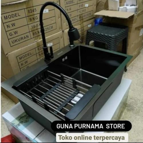 Jual Kitchen sink hitam stainless 6045 paket sink kran tarik black ...