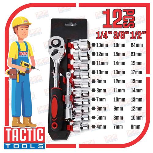 Jual Kunci Sok Ratchet 1/4" 3/8" 1/2" set 12 Pcs Dr Socket Ratchet ...