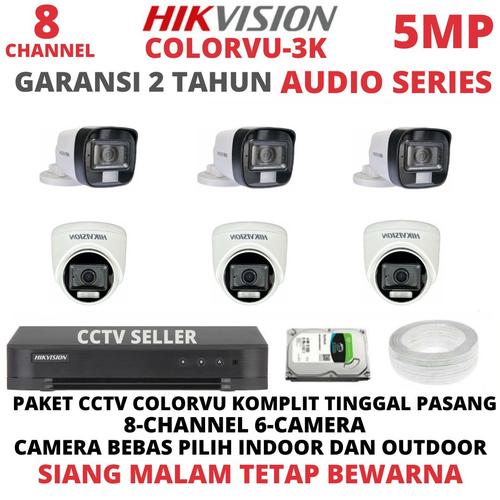 Promo PAKET CCTV HIKVISION 5MP COLORVU AUDIO 8 CHANNEL 6 CAMERA TURBO ...