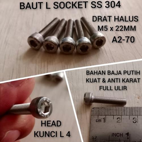 Jual Baut Socket 5mm x 22mm baut L M5 stainless 304 baut Soket head screw - Kota Bekasi - Cakra ...