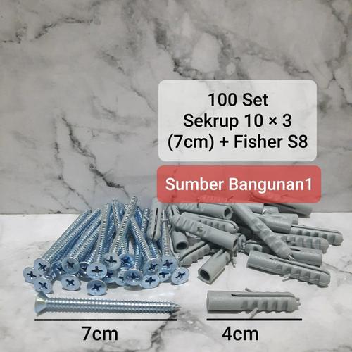 Jual Sekrup FH 10 x 3 + fisher skrup tanam tembok S8 8mm putih 7cm 7 cm ...