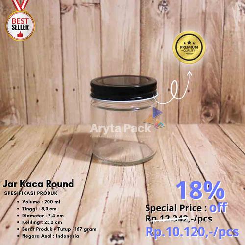 Jual Jar kaca 200ml round bulat glass jar toples cap alu hitam - STD ...