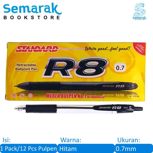 Jual Standard R8 Retractable Ballpoint Pulpen Oil Gel 0.7 Hitam 1 Pack ...