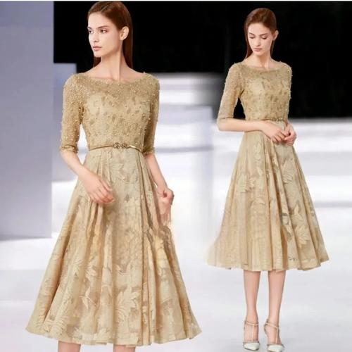 Jual dress midi sleeve gold gaun emas flare sequin manik glitter party ...