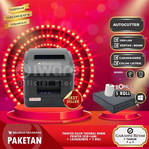 Promo PAKET PRINTER KASIR 80MM (USB+LAN) + CASHDRAWER + 5ROLL ...
