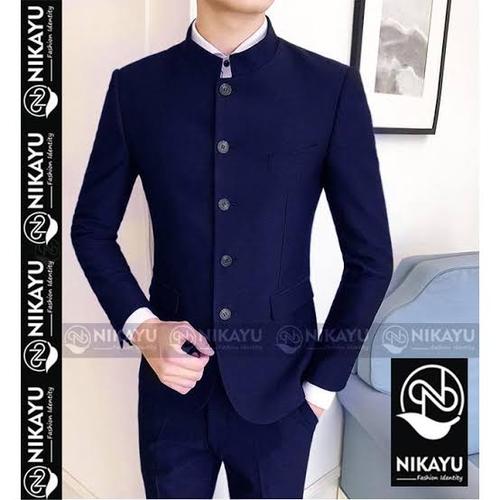 Jual stelan jas mandarin,stelan jas koko pria,jas mandarin pria - navy ...