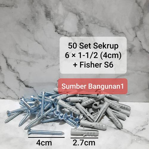 Jual Sekrup 6 x 1-1/2 + fisher s6 (50set) skrup tanam 4cm gantungan bor ...