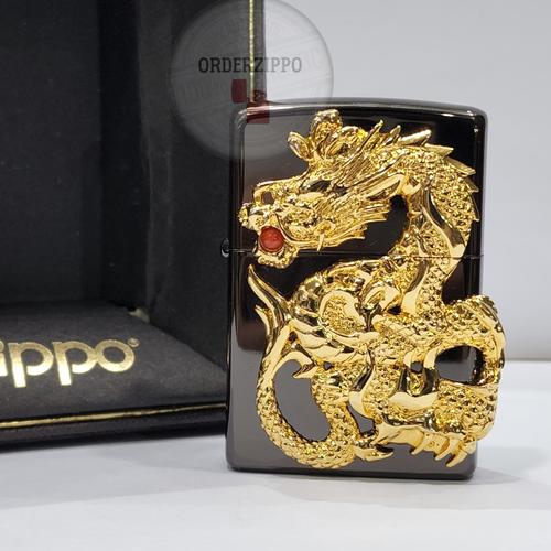 Jual Zippo Original Chinese Dragon Gold Plated Black Finished 2 sisi ...