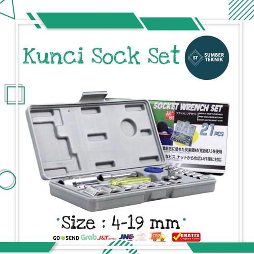 Jual Kunci Sok Set 21 Pcs Mata Sock Shock Socket Tool Kit Set 4 - 19 mm ...