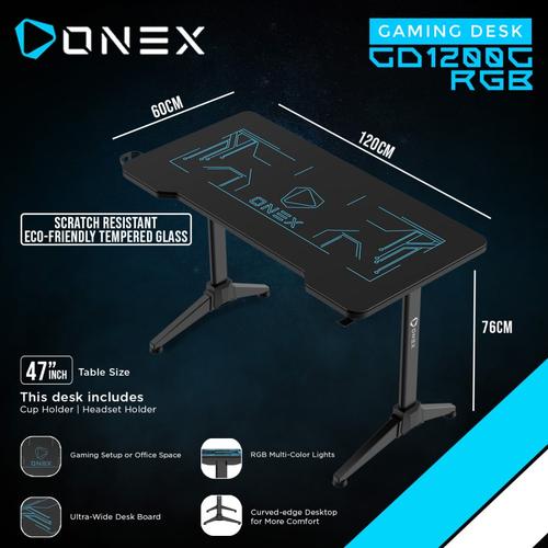 Jual Meja Gaming ONEX GD1200G-RGB Meja Gaming Desk Tempered Glass RGB ...