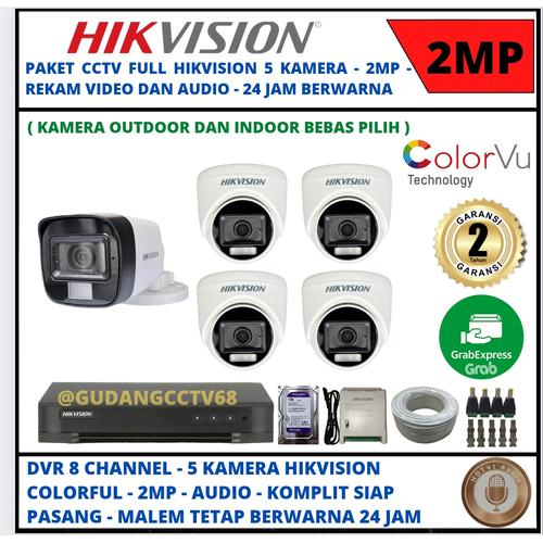 Promo paket cctv hikvision 8 channel 5 kamera 2mp colorvu 1080p audio ...