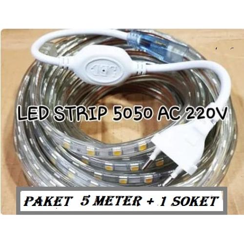 Jual PAKET 5M + 1 SOKET LAMPU LED STRIP SELANG 5050 SMD 220V - 5M putih ...
