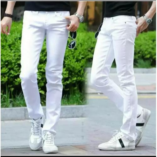 Jual Big Size Celana Jeans Putih pria slim fit bahan ngaret / Celana ...