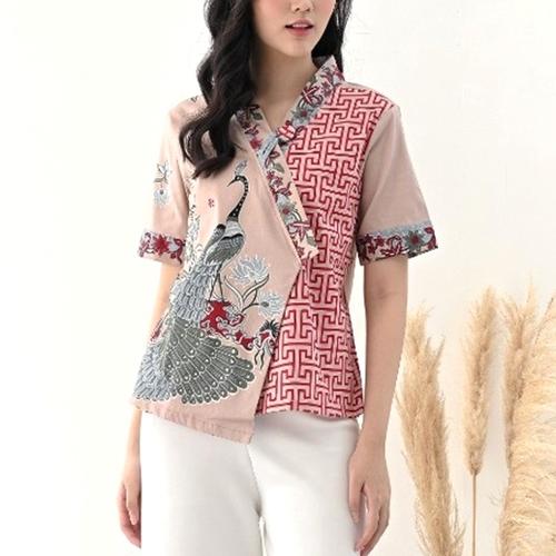 Jual Blouse Cheongsam Wrap Oriental Peacock Bird Mocca Peach Top CNY ...