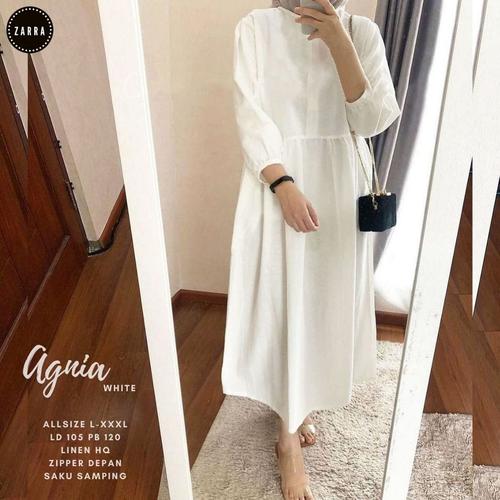 Jual Midi Dress Putih Muslim Wanita Terbaru Linen Premium LD 105 |Agnia ...