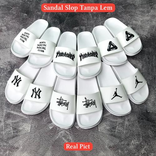 Jual Sandal Slop Pria Wanita Tanpa Lem Sendal Selop Putih Distro Cirqle ...