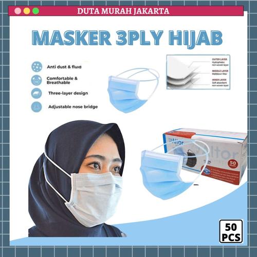 Jual Masker 3 Ply Hijab Headloop Biru Disposable Facemask Daily Mask ...