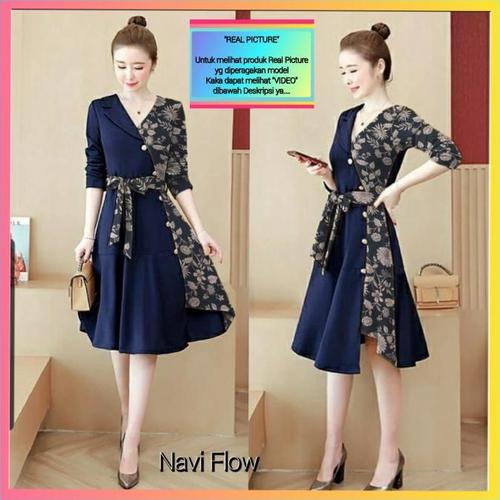 Jual dress wanita terbaru korea natal zeffa blouse gaun pesta batik navi - navi flow, Allsize S ...