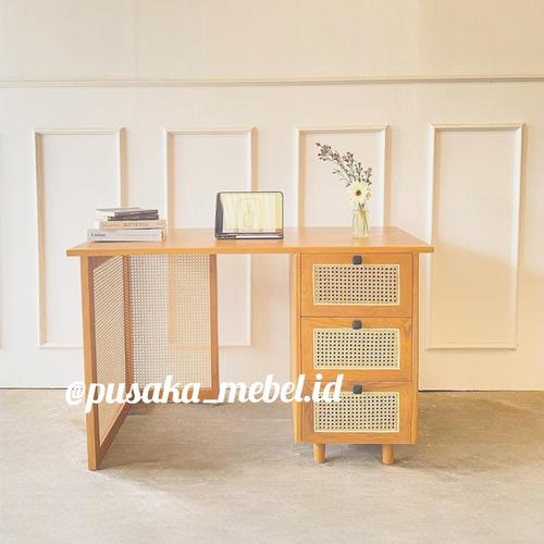 Jual study desk rotan kayu jati, meja kerja kayu vintage, meja belajar ...