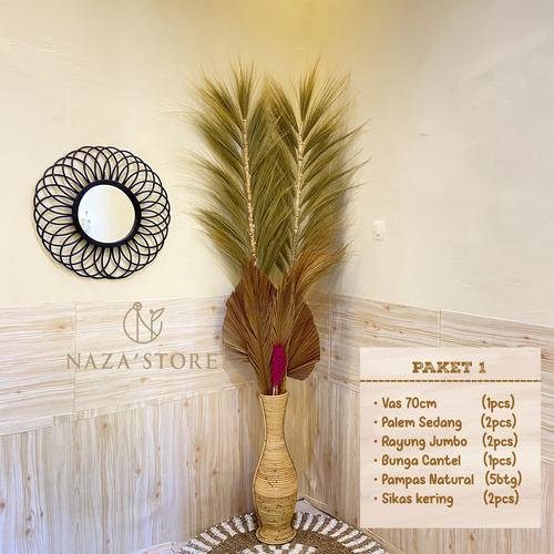 Promo PAKET DEKORASI daun kering pampas palem rayung dengan vas bunga ...