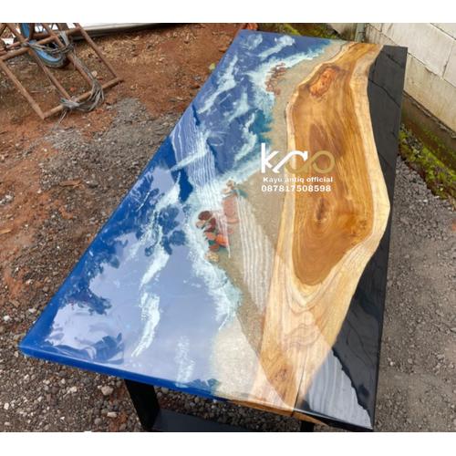 Jual Meja resin kayu trembesi motif pantai meja makan resin meja kantor ...