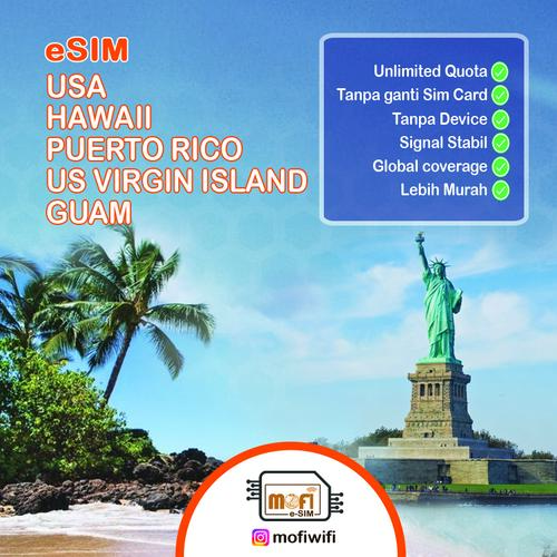 Jual MOFI eSIM USA, Hawaii, Puerto Rico, Virgin Island, Guam - Unlimited - 20 Hari, 500 MB /hari ...