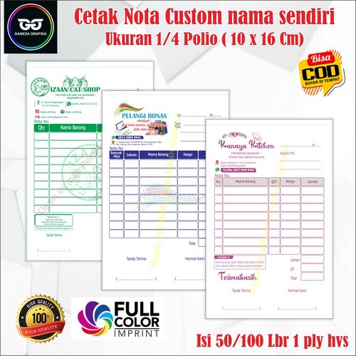 Jual CETAK NOTA CUSTOM NAMA SENDIRI 1 PLY UKURAN 1/4 POLIO 11 x 21 CM ...