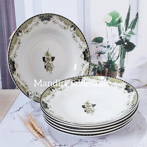 Jual Piring Makan Cekung Keramik Mewah 23 cm | Motif Green Peony | 6 ...