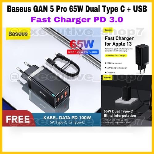 Jual Baseus GAN 5 Pro 65W Dual Type C + USB - Fast Charger PD 3.0 ...