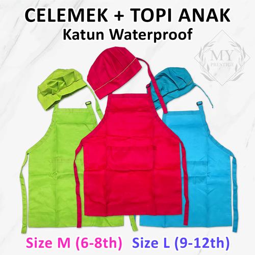 Promo (Size L) Set Apron Celemek Anak Kain dan Topi Koki Masak ANTI AIR ...