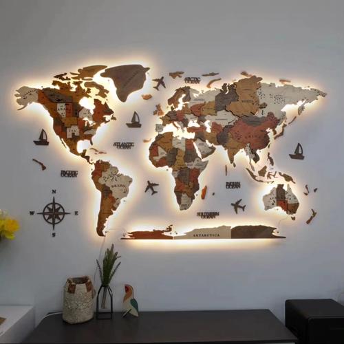 Jual 3D SOLID WOOD CRAFT WORLD MAP PETA WALL DECO LED LIGHTS HIASAN ...