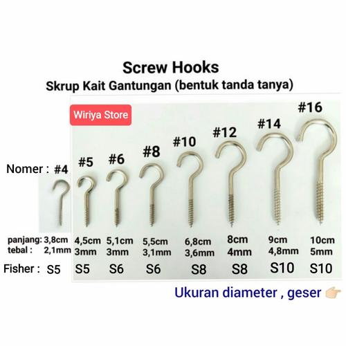 Jual Sekrup Gantungan Buka Skrup Tanda Tanya Screw Hook 4,5,6,8,10,12 ...