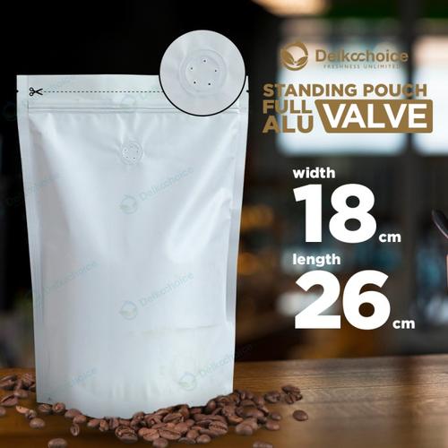 Jual STANDING POUCH ZIPLOCK KLIP VALVE KEMASAN KOPI METALIZED PUTIH ...