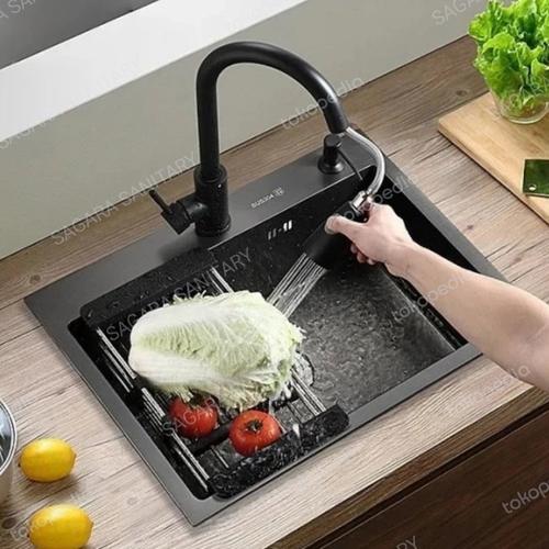 Jual kitchen sink inobe 6045 hitam black paket komplit set kran tarik ...