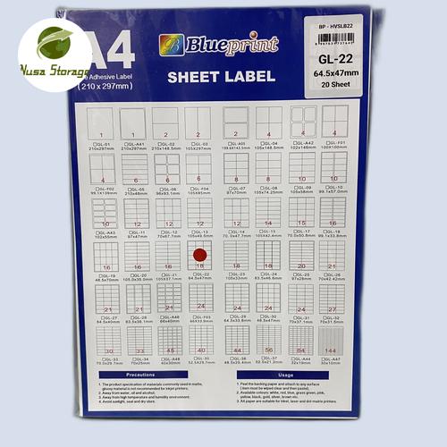 Jual Kertas Sticker Label HVS Doff A4 BLUEPRINT Uk 64.5 x 47 mm 20 ...