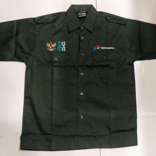 Jual Kemeja Pertamina BUMN Hijau Army PDH Lengan Pendek Pria Bordir ...