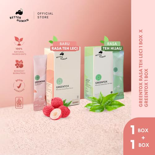 Promo Greentox Rasa Teh Leci 1 Box dan Greentox 1 Box (isi 10 Sachet ...