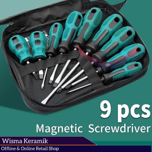 Jual Obeng set 9 Pcs gagang karet magnetic screwdriver plus min - Kota ...